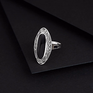 Gemondo USA 925 Sterling Large Oval Silver Black Onyx and Marcasite Statement Ring