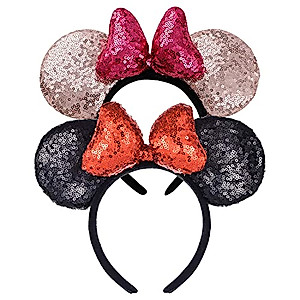 Jieneal Minnie Mouse Ears Set of 2 Sequin Headband Disney world accessories for trip and Hair accessories for Kids or Women(Champagne Rose& Black Red)