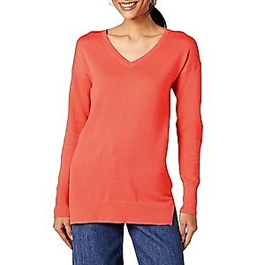 Amazon Essentials Women's Lightweight Long-Sleeve V-Neck Tunic Sweater (Available in Plus Size), Coral Pink, Medium