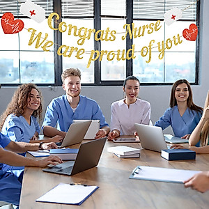 Whaline 2Pcs Nurse Graduation Paper Banner Glitter Gold Congrats Nurse Hanging Garland We are Proud of You Letter Party Banner for Nursing Medical School Nurse Graduation Party Decor Supplies, 8.2Ft