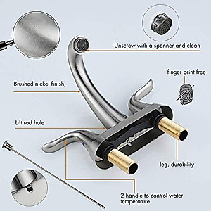 WOWOW Bathroom Faucet 2 Handle 4 Inch Centerset Bathroom Sink Faucet, Lead-Free Basin Mixer Tap with Lift Rod Drain Stopper, 2 Handle Centerset Lavatory Faucet Brushed Nickel Vanity Faucet