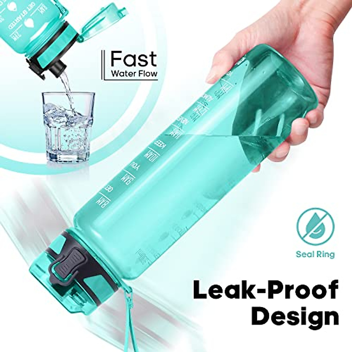Motivational Water Bottle with Time Marker, 32 oz (950 ml), BPA-Free Plastic, Easy Drink Straw, Fits Cup Holder (1002-Green, 26 oz)