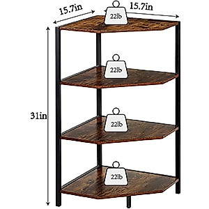 VECELO 31" Corner Shelf, 4-Tier Display Shelves, Wood Storage Stand with Metal Frame, Multipurpose Shelving Unit for Small Space, Home Office, Rustic Brown