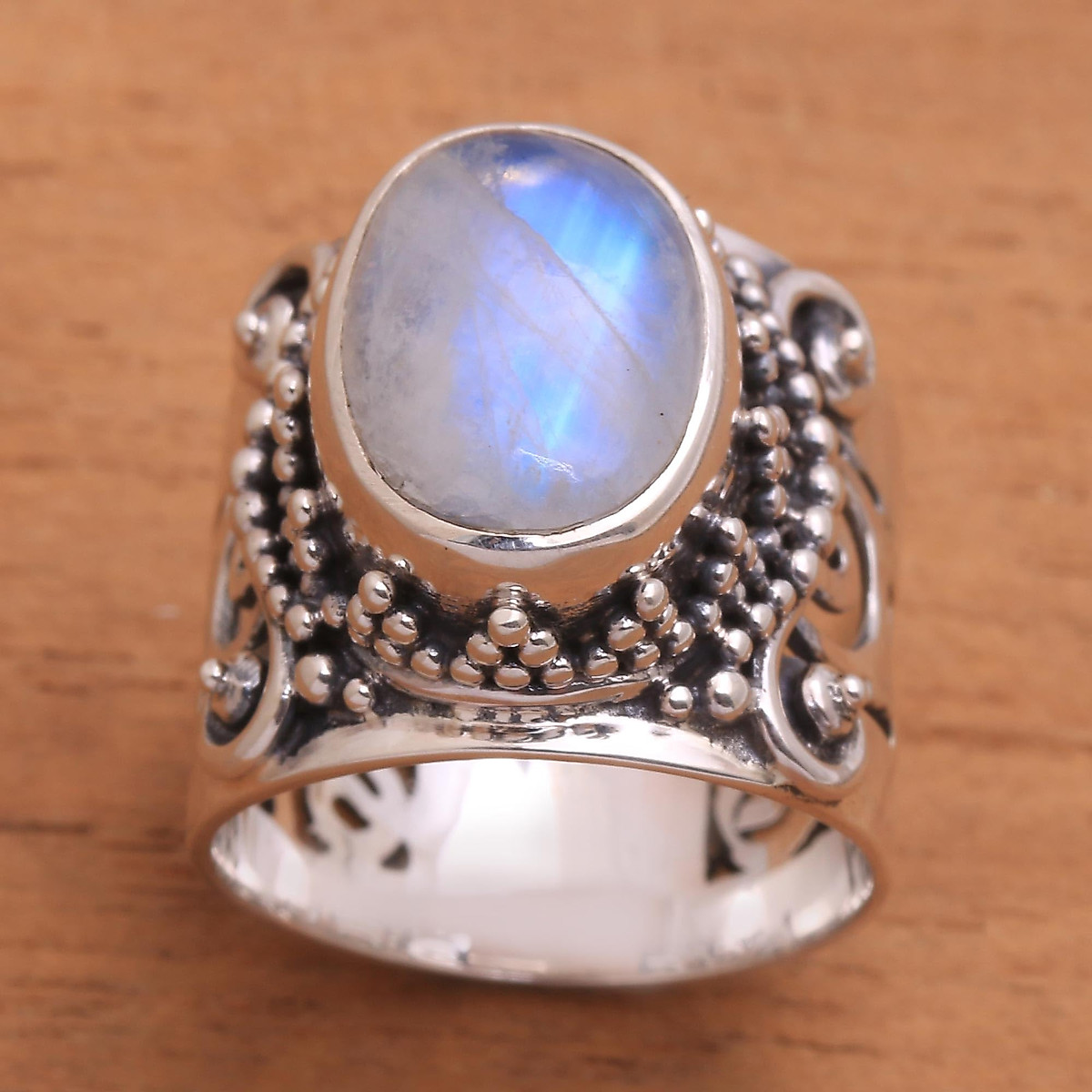 NOVICA Artisan Handmade Rainbow Moonstone Cocktail Ring Sterling Silver Single Clear Indonesia Gemstone [crownbezel 0.7 in H x 0.6 in W x 0.3 in D Band Width 8 mm W] ' Glorious Vines'