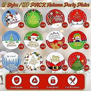 Sliner 120 Pcs 9 Inch Christmas Paper Plates Round Christmas Dinner Plates Cute Snowman Santa Themed Disposable Plates Dinnerware Plates for Xmas Winter Season Holiday Party Baking Cookie Dishware