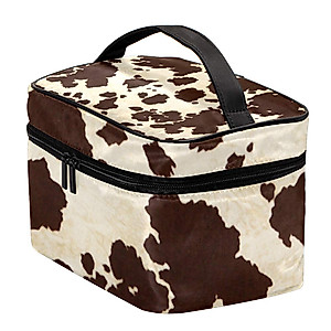 Women Large Professional Travel Makeup Bag Pouch with Big Cow Fur Print Pattern Print,Portable Train Cosmetic Case Organizer for Cosmetics Makeup Brushes Toiletry Jewelry Digital Accessories