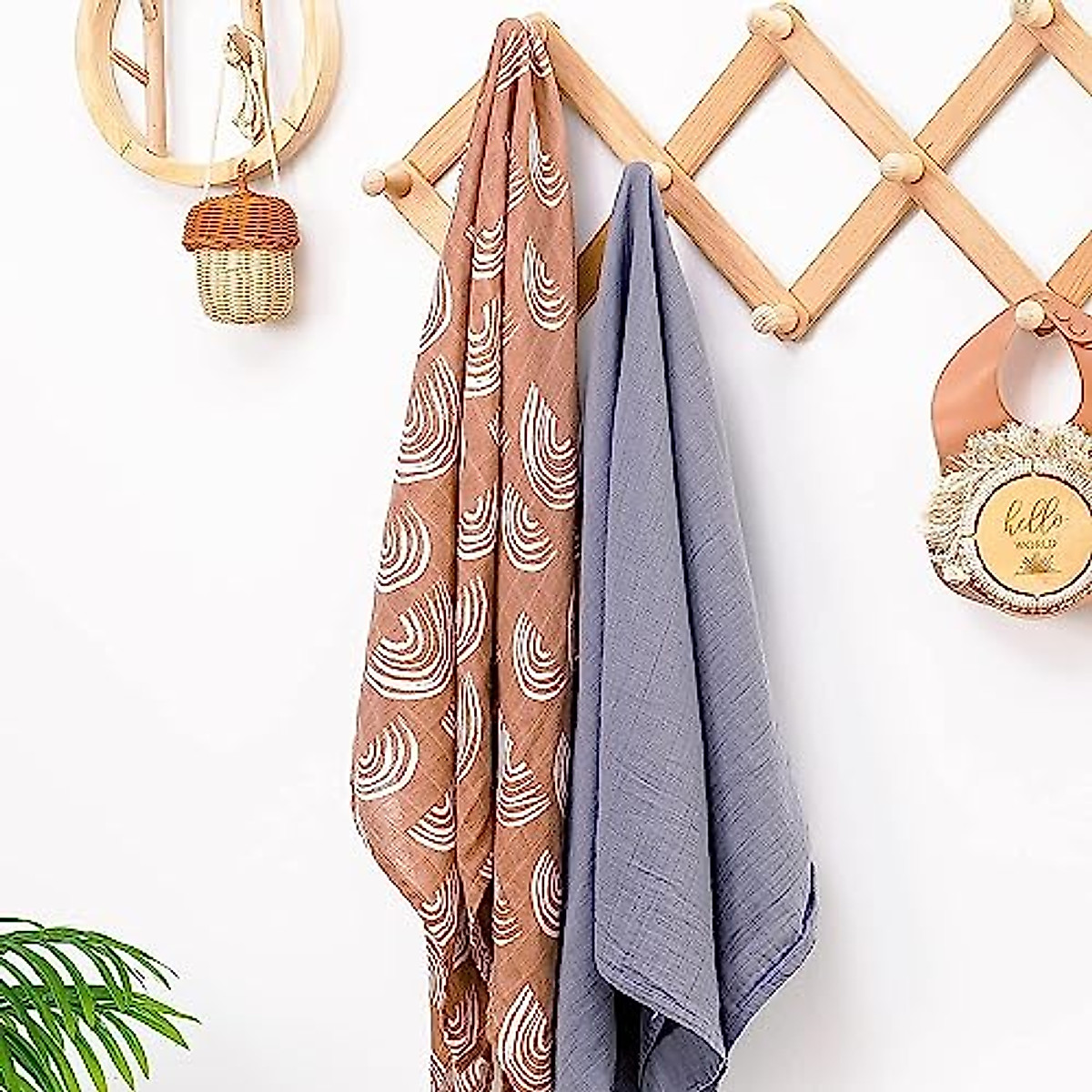 BabyWhale Muslin Swaddle Blanket, Boho Brown Rainbow Pattern Swaddle and Solid Color Swaddle for Newborn Baby Boys ＆ Girls, Unisex Silky Soft Breathable Receiving Swaddle Wrap, 47x47 inches, 2 Pack