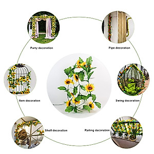 4Pcs 33FT Artificial Sunflower Green Leaves Vines, Hanging Sun Flower Garland Fake Foliage, Plant Leaves Yellow Flowers String Vine for Wedding Table Home Birthday Party Kitchen Garden Decor (B)