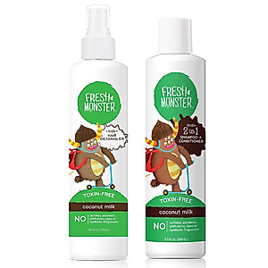 Fresh Monster Hair Detangler Spray & 2-in-1 Shampoo & Conditioner, Coconut, Toxin-Free, Hypoallergenic & Natural (8.5 oz each)