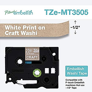 Brother P-touch Embellish White Print on Craft Washi Tape TZeMT3505 - ~½” Wide x 13.1’ Long for use with P-touch Embellish Ribbon & Tape Printer