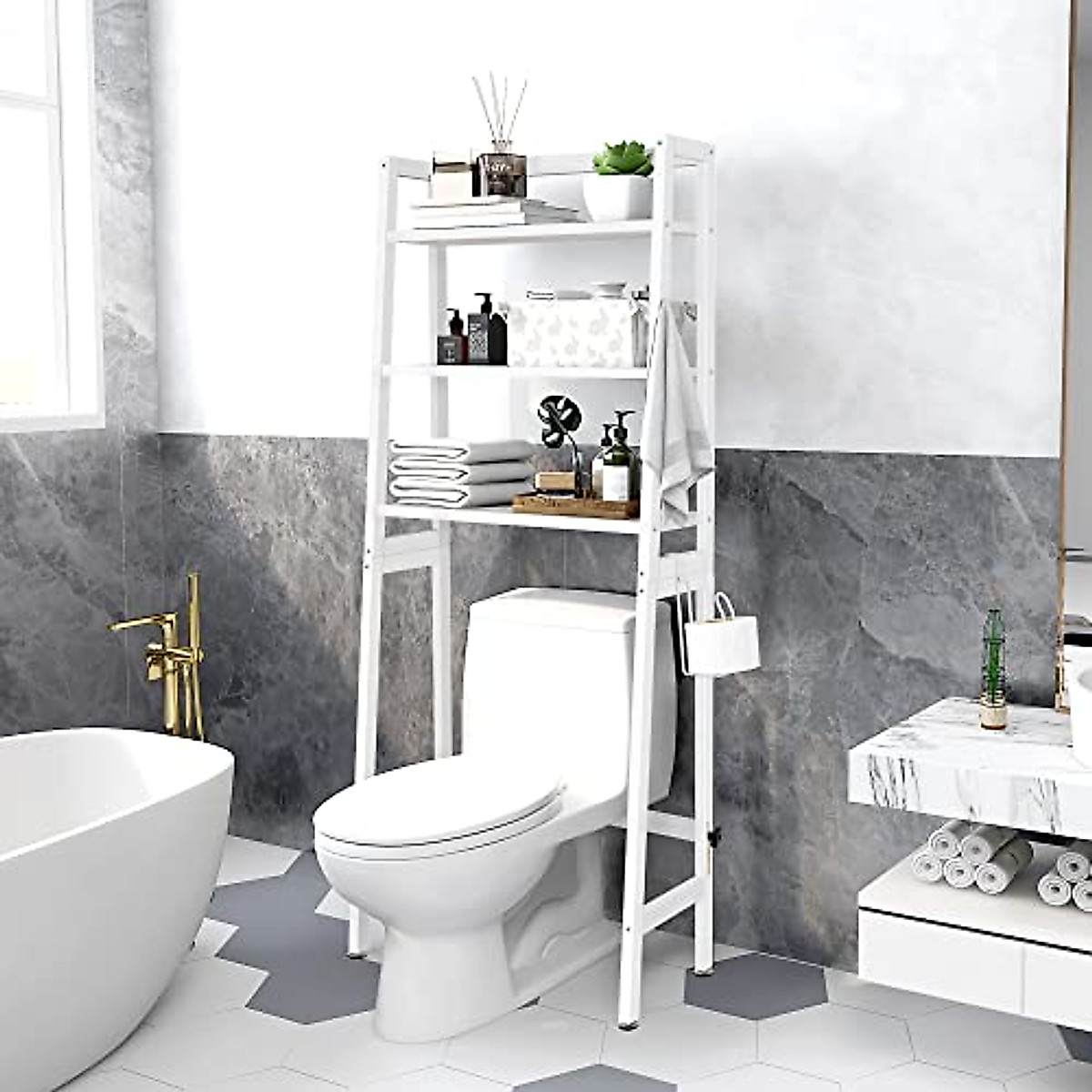 MallKing Over The Toilet Storage, Wooden 3-Tier Over-The-Toilet Rack Bathroom Space Saver Organizer, Freestanding Above Toilet with Toilet Paper Holder and Hooks (White)