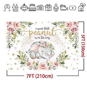 Mocsicka Baby Girl Elephant Baby Shower Backdrop Pink Floral Sweet Little Peanut is on Her Way Photo Backdrops Cute Elephant Party Cake Table Photography Background (7x5ft)