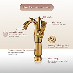 Cinwiny Swan Faucet Bathroom Sink Faucet Polished Gold Swan Shaped Single Handle One Hole Tall Lavatory Basin Tap Mixer Deck Mount Bird Faucet