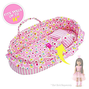 June Garden Cozy Dream Doll Bassinet - Baby Doll Portable Carrier - Fits for American Girl Dolls up to 14" - Soft Pillow & Safety Buckle Included