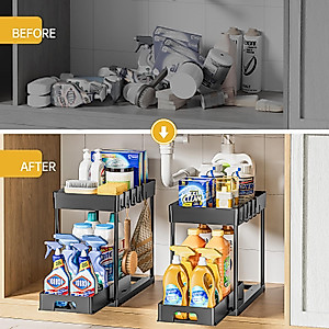 Delamu 2 Pack Under Sink Organizers and Storage, 2 Tier Pull Out Under Cabinet Organizer, Black Under Sink Storage for Bathroom Kitchen, Under Counter Storage organizer with 8 Hooks