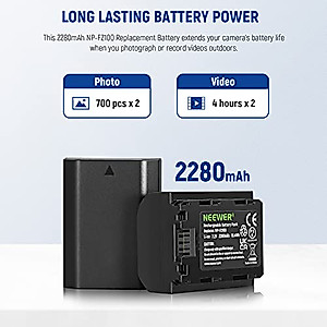 NEEWER 2280mAh NP-FZ100 Replacement Battery Charger Set, 2 Batteries and 1 USB Dual Channel Charging Case Compatible with Sony ZV-E1, FX3, FX30, A1, A9 II, A7R V, A7R IV, A7S III, A7 IV, A6600, A7C