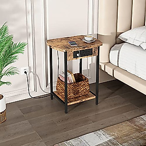 SOOWERY End Tables with Charging Station, Set of 2 Side Tables with USB Ports and Outlets, Nightstands with Storage Shelf for Living Room, Bedroom, Brown