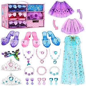 HUUIDY Princess Dress Up for Girls, Dress Up Clothes for Girls with Princess Shoes, Tutu, Cloak, Crown, Jewelry, Princess Toys for Girls Gifts 3,4,5,6 Year Old