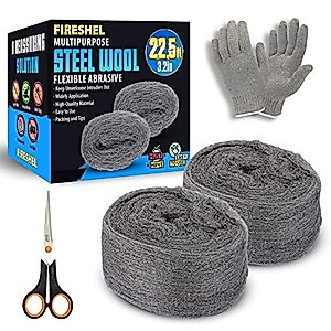 Steel Wool Mice Fabric Roll Control 2 Pcs Total (3.2”x 22.5 Feet) - Gap Fill Fabric - Block Holes, Wall Cracks, Cleans Rusty Tools, Hardware DIY Kit - One Pair of Gloves and Scissor Included