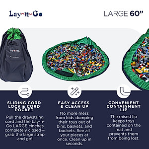 Lay-n-Go 2-in-1 Extra Large Portable Drawstring Toys Storage Organizer and Play Mat for Room and Travel, Made for Kids and Toddlers with a Durable Patented Design, 60 inch, Green