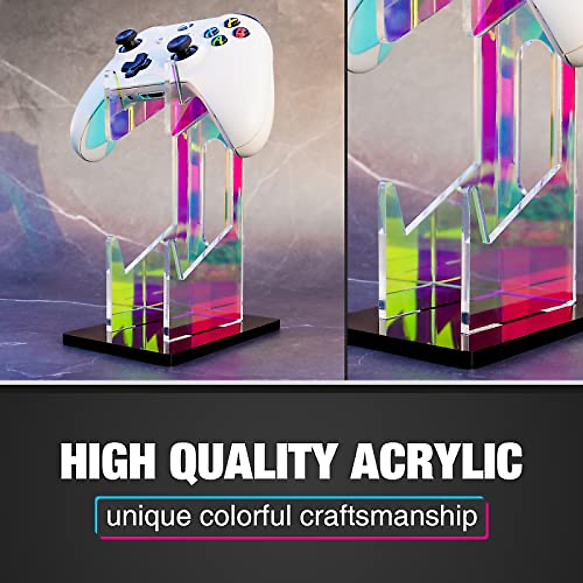NiHome Iridescent Acrylic 2-Tier Universal Game Controller Headset Holder Stand for PS5 Xbox ONE Switch Colorful Controller Stand Gaming Accessories Anti-Slip Stable Acrylic Clear Headphone Holder