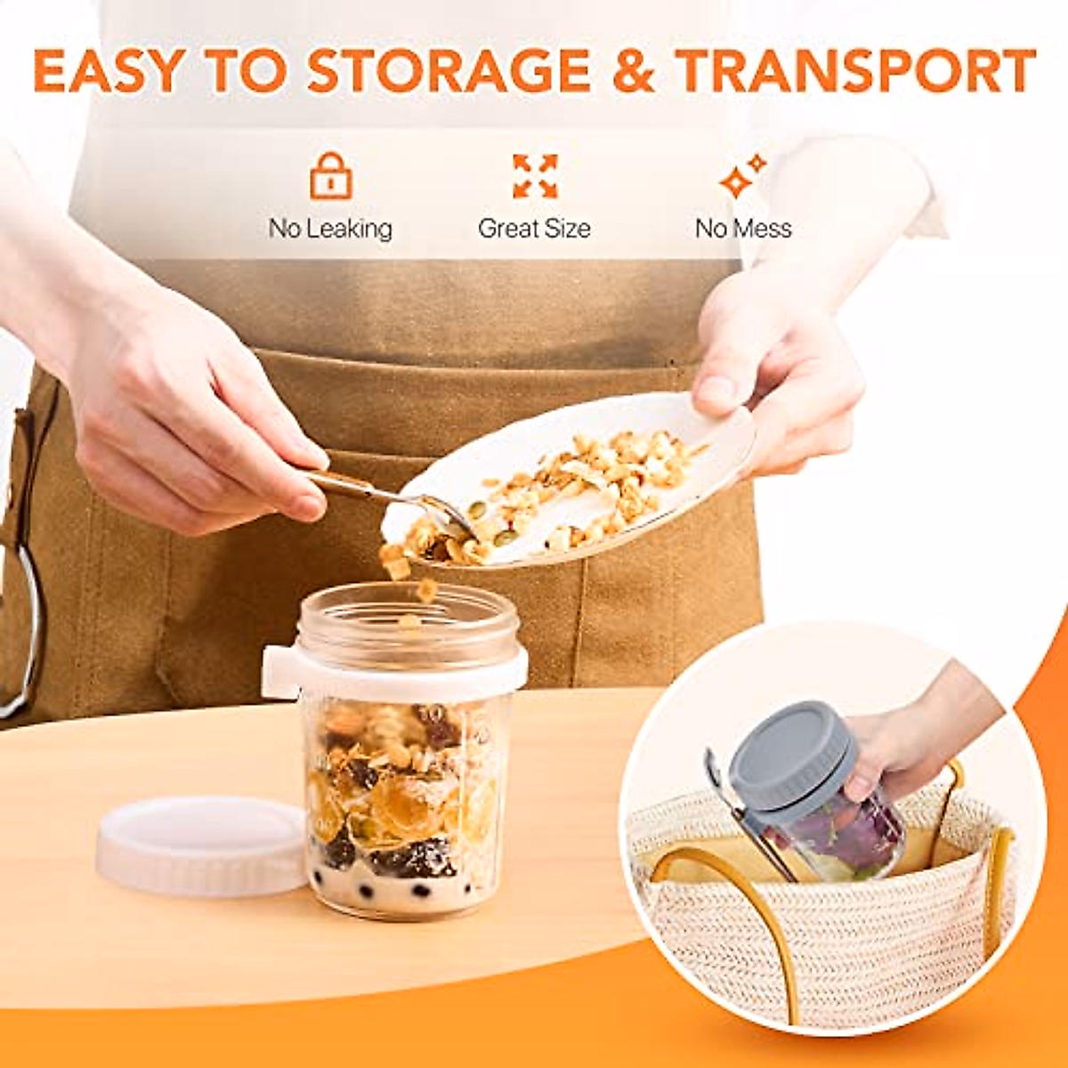 Overnight Oats Jars, Overnight Oats Container with Lids and Spoon 10 oz [2 Pack], Airtight Glass Jars with Measurement Marks, Glass Canisters Hold Yogurt, Nuts and Fruit Salad & More