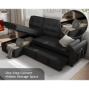 Ucloveria Sectional Sofa Couch, 87" Sleeper Sofa Bed with Reversible Storage Chaise Pull Out Couch for Living Room | Side Pocket | Charging Station | Removable Backrest | Linen Fabric, Black
