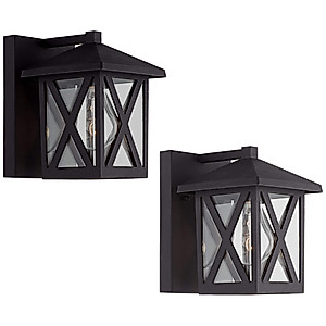 John Timberland Elkins Rustic Outdoor Wall Light Fixtures Set of 2 Black Metal 7 1/2" Clear Glass Cottage Lantern for Exterior House Porch Patio Outside Deck Garage Yard Front Door Garden Home