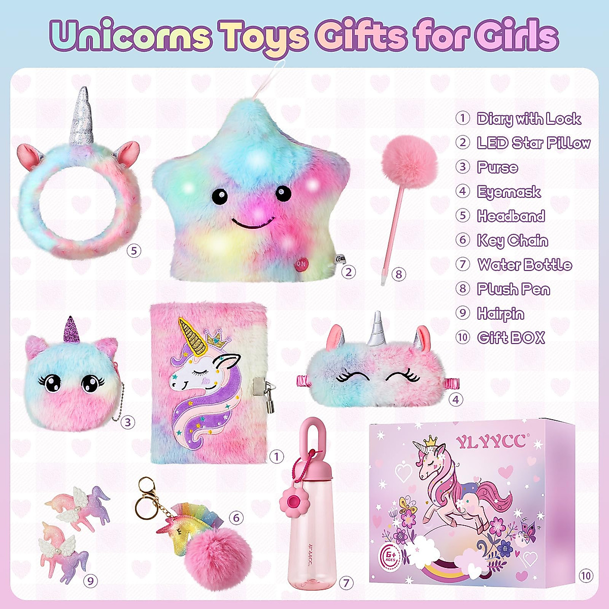 YLYYCC Unicorns Gifts Set for Girls Kids Age 6 7 8 9 10 Years Old, Unicorn Toys with Plush Star Light Up Pillow- Diary- Headband- Sleep Mask- KeyChain-Water Bottle, Teens Birthday Christmas Gift Ideas