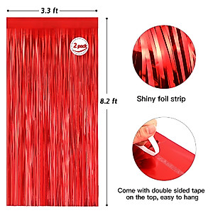 Fannev 2pcs Foil Curtains Metallic Fringe Curtains Red, 3.3ft x 8.2ft Metallic Tinsel Curtains for Birthday Wedding Engagement Bachelorette Party Bridal Shower Baby Shower Decorations