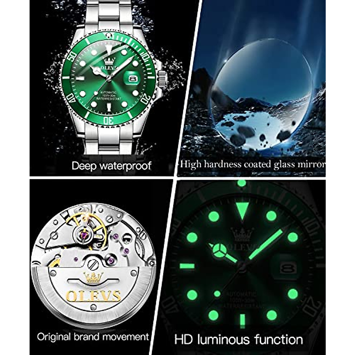 Men Automatic Wirst Watches Self Winding Silver And Green Automatic Watches for Men Mechanical Waterproof Big Face Stainless Steel Date No Battery Watches Man Luminous Submariner Wristwatch Gift