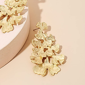 Vintage Earrings for Women Matt Metal Ginkgo Biloba Textured Statement Earring 14K Gold Plated Dangle Earrings with Stud for Women Wedding Valentine's Day Anniversary Birthday Mothers Day Christmas