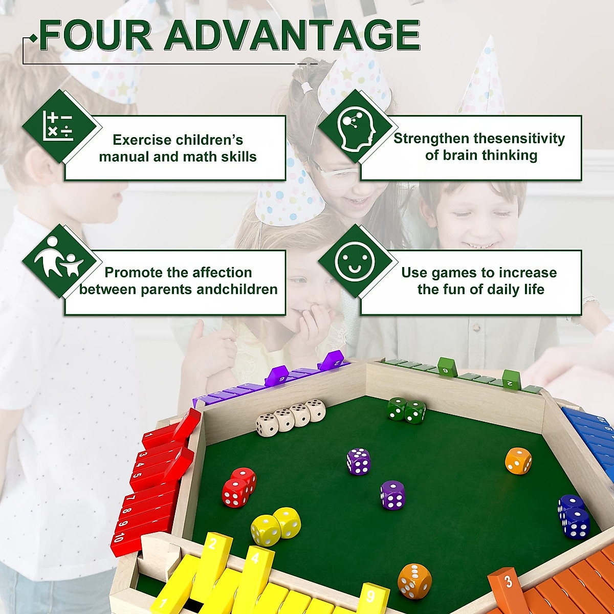 1-6 Players Shut The Box Dice Game, Wooden Board Table Math Game with 16 Dice, Classics Tabletop Version Games for Kids Adults, Family,Classroom,Home,Party or Pub