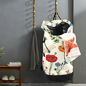VIGTRO Spring Flowers Dragonflies Large Heavy Duty Laundry Backpack Hamper with Shoulder Strips and Drawstring, Summer Poppies Green Leaves Nylon Waterproof Laundry Bag Durable for Dorm Laundromat Travel