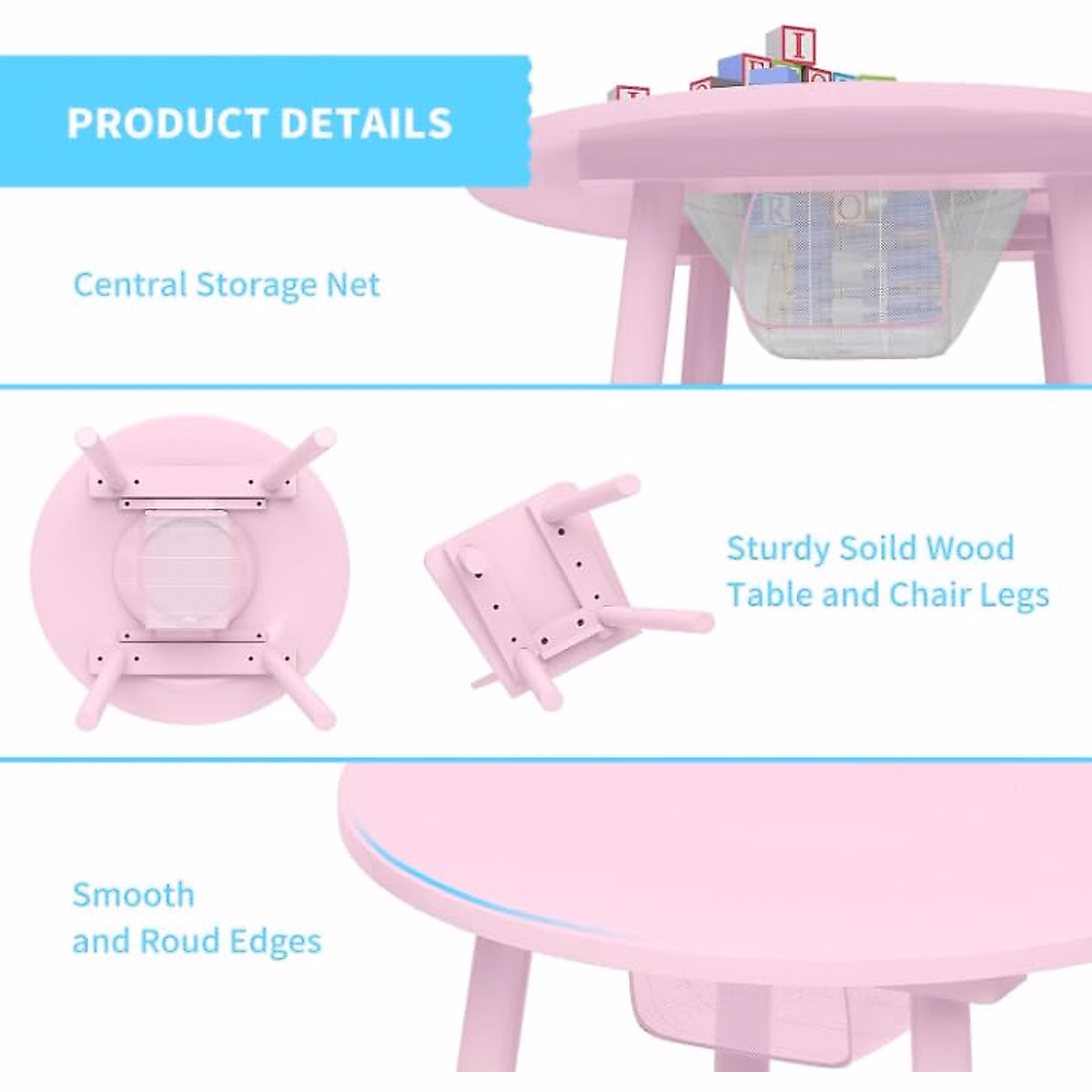 cuoote Kids Table and Chair Set, Wood Kids Table and 2 Chair Set, Round Toddler Table with Center mesh Storage, for Boys and Girls (Pale Pink)