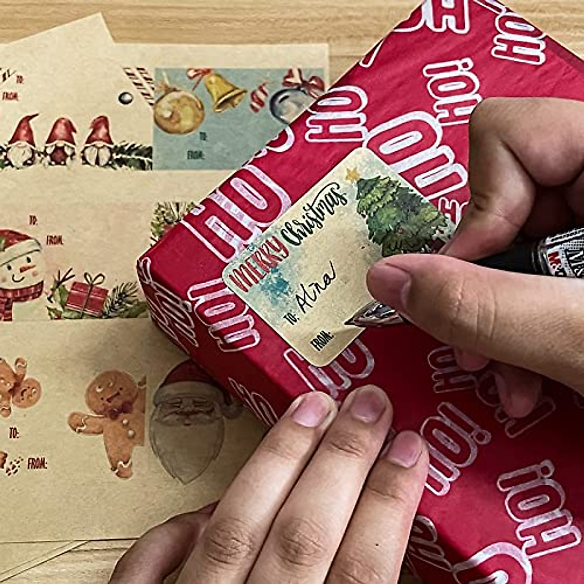 Giiffu 144 Xmas Adhesive Labels Natural Kraft Simple Christmas Self Adhesive Name Gift Tags ​Holiday Present Stickers