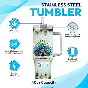 Hyturtle Personalized Peacock Tumbler - Just A Girl Who Loves Peacock Tumbler - Animal Gifts For Women Lovers - Animal Present Decor On Birthday - Custom Travel Coffee Cup 40oz With Lid And Straw