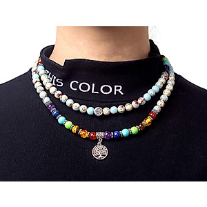 Addmluck 108 Mala Beads Meditation Necklace 7 Chakra Tree of Life Pendant Necklace Prayer Buddha Beaded Bracelets Healing Stone Yoga Necklace for Men and Women Jewelry(shoushan stone)