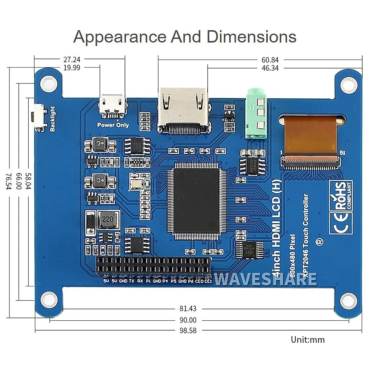 waveshare 4inch Resistive Touch Screen LCD Compatible with Raspberry Pi 4B/3B+/3A+/2B/B+/A+/Zero/Zero W/WH/Zero 2W CM3+/4 480×800 Resolution HDMI IPS Supports Windows