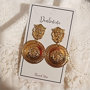 Doubnine Lion Head Earrings Big Coin Gold Circle Dangle Baroque Animal Earrings Vintage 80's Women Accessories Gift
