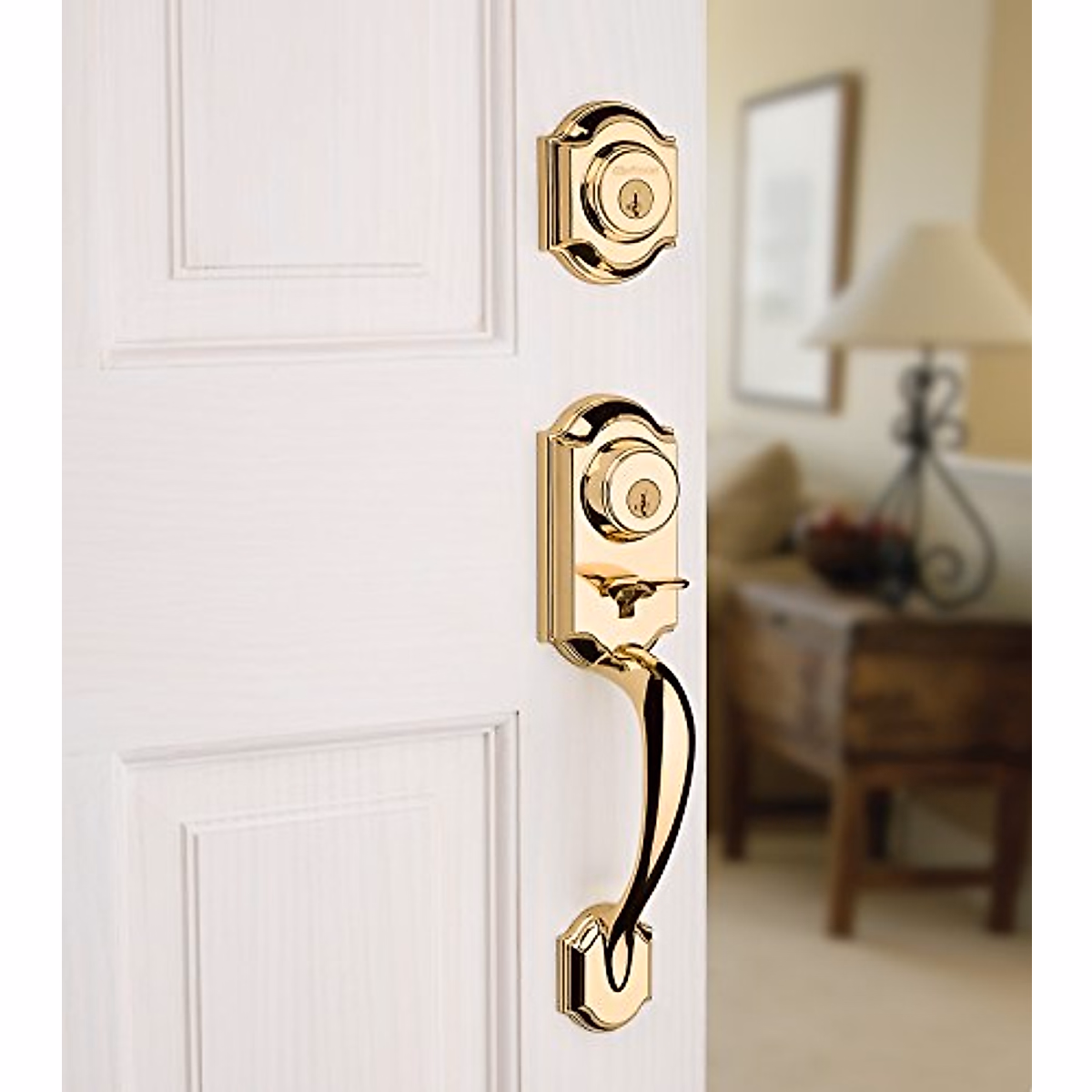 Kwikset Montara Front Door Lock Handle and Deadbolt Set, Entry Handleset Exterior with Interior Door Knob, Polished Brass, Pick Resistant SmartKey Rekey Deadbolt Security