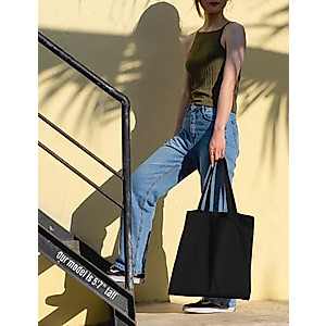 2 Pcs Cotton Canvas Tote Bag Inner Zipper Pocket 12oz 16"x17" Heavy Duty Blank Black Reusable Grocery Shopping Bag Large Plain Cloth Bag for Promotion, Advertising, DIY, Gift