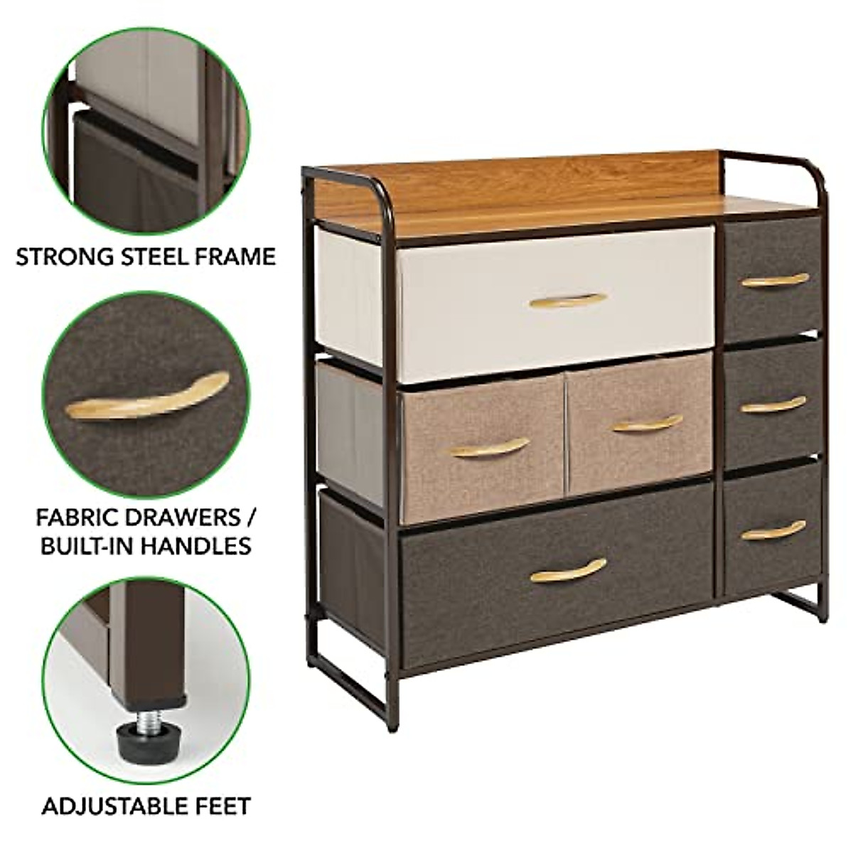 mDesign 30.9" High Steel Frame/Wood Top Storage Dresser Furniture Unit with 7 Removable Fabric Drawers - Large Bureau Organizer for Bedroom, Living Room, Closet - Multi-Color/Espresso Brown