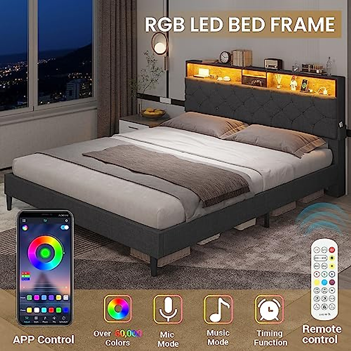 ADORNEVE LED Bed Frame Full Size with Storage Headboard, Platform Bed Frame with Outlets and USB Ports, Upholstered Bed with LED Lights & Storage, Diamond Stitched Button Tufted Design, Dark Grey
