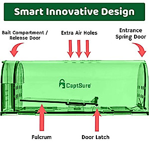 CaptSure Original Humane Mouse Traps, Easy to Set, Kids/Pets Safe, Reusable for Indoor/Outdoor use, for Small Rodent/Voles/Hamsters/Moles Catcher That Works. 2 Pack (S-Rounded, Green)