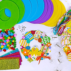 12 Sets Easter Wreath Signs Decorations DIY Foam Easter Craft Kits Easter Eggs Bunny Chick Foam Stickers Pom-Poms Googly Eyes for Kids Classroom Home Activity Art Project Gift Easter Front Door Décor