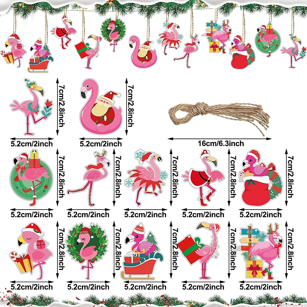 Chunful 24 Pink Flamingo Christmas Ornaments with Santa Hat - Decorative Hanging Ornaments for Xmas Tree & Party