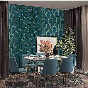 Peel and Stick Wallpaper Green and Gold Geometric Contact Paper Green and Gold Self-Adhesive Wallpaper Removable Modern Stripe Wallpaper for Walls Covering Waterproof Vinyl Rolls 17.3''x118''