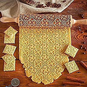 Wooden Embossed Rolling Pin for Baking Engraved Embossing Rolling Pin Cookie Stamps Roller Square Grid Cookies Mold Kitchen Decor Tools for Baking Embossed Cookies(2pc)