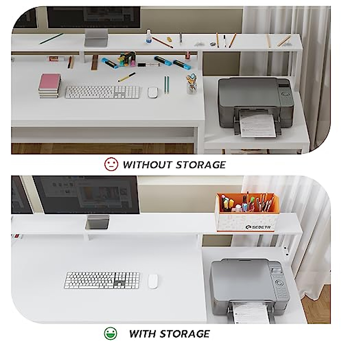 SEDETA L Shaped Gaming Desk, 66" Home Office Desk with File Drawer & Power Outlet, Gaming Desk with Led Lights, Corner Computer Desk with Monitor Shelf, Printer Storage Shelves, Two Person Desk, White
